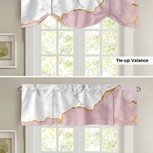 Marble Pink Tie Up Valance Curtain for Kitchen Living Room Bedroom Bathroom Cafe, Rod Pocket Small Short Window Drape Panel Adjustable Drapary Print, Marbling White Gray Gold Modern Abstract 60"x18"