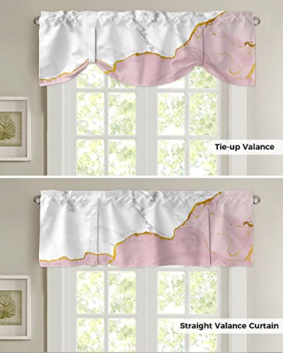 Marble Pink Tie Up Valance Curtain for Kitchen Living Room Bedroom Bathroom Cafe, Rod Pocket Small Short Window Drape Panel Adjustable Drapary Print, Marbling White Gray Gold Modern Abstract 60"x18"