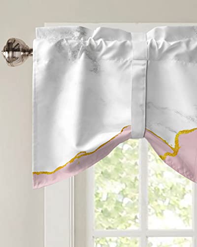 Marble Pink Tie Up Valance Curtain for Kitchen Living Room Bedroom Bathroom Cafe, Rod Pocket Small Short Window Drape Panel Adjustable Drapary Print, Marbling White Gray Gold Modern Abstract 60"x18"