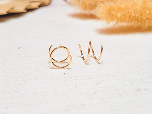 14K Gold Filled Double Hoop Twist Earrings for Single Piercing. Tiny Spiral Huggie Hoop Illusion Earrings for Women. Double Hoop Nose or Helix Ring.