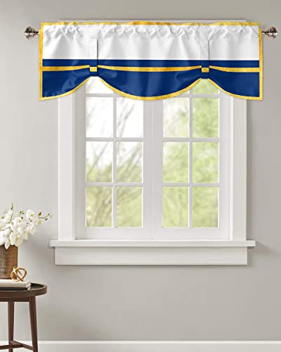 Blue White Block and Gold Yellow Lines Tie Up Valance Curtain for Kitchen-Small Window Shade Valances Adjustable Rod Pocket Windows Treatment for Bathroom Decor Modern Minimalist Art,1 Panel 42x12in