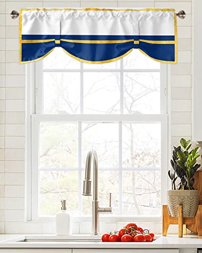 Blue White Block and Gold Yellow Lines Tie Up Valance Curtain for Kitchen-Small Window Shade Valances Adjustable Rod Pocket Windows Treatment for Bathroom Decor Modern Minimalist Art,1 Panel 42x12in