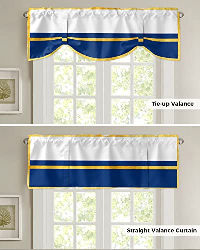 Blue White Block and Gold Yellow Lines Tie Up Valance Curtain for Kitchen-Small Window Shade Valances Adjustable Rod Pocket Windows Treatment for Bathroom Decor Modern Minimalist Art,1 Panel 42x12in