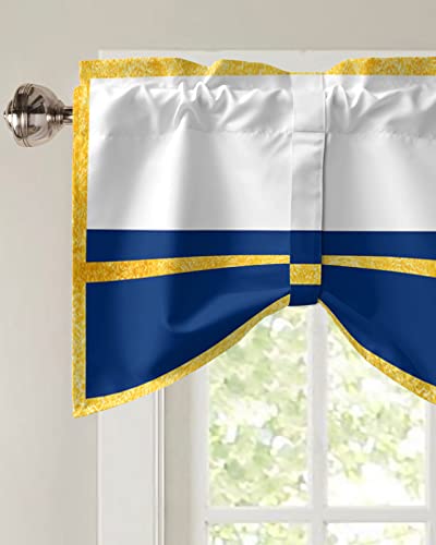 Blue White Block and Gold Yellow Lines Tie Up Valance Curtain for Kitchen-Small Window Shade Valances Adjustable Rod Pocket Windows Treatment for Bathroom Decor Modern Minimalist Art,1 Panel 42x12in