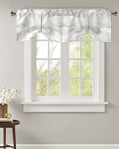 Tie Up Valance Curtains Abstract White Grey Marble Stone Kitchen Cafe Valances for Windows,Rod Pocket Adjustable Balloon Window Shades for Living Room Bathroom Natural Agate with Gold Line,1 Panel