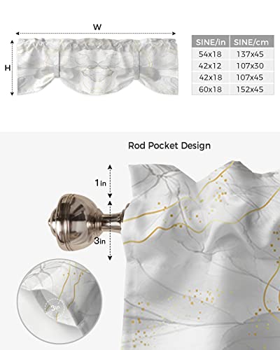 Tie Up Valance Curtains Abstract White Grey Marble Stone Kitchen Cafe Valances for Windows,Rod Pocket Adjustable Balloon Window Shades for Living Room Bathroom Natural Agate with Gold Line,1 Panel