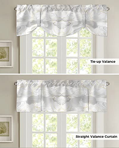 Tie Up Valance Curtains Abstract White Grey Marble Stone Kitchen Cafe Valances for Windows,Rod Pocket Adjustable Balloon Window Shades for Living Room Bathroom Natural Agate with Gold Line,1 Panel