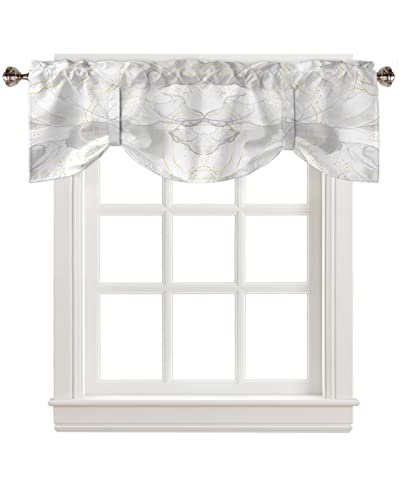 Tie Up Valance Curtains Abstract White Grey Marble Stone Kitchen Cafe Valances for Windows,Rod Pocket Adjustable Balloon Window Shades for Living Room Bathroom Natural Agate with Gold Line,1 Panel