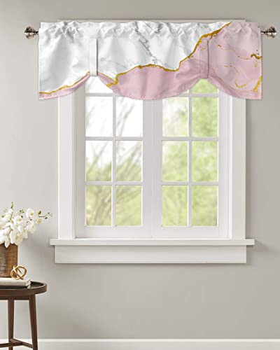 Tie Up Valance Curtains Natural White and Pink Wild Marble Kitchen Cafe Valances for Windows,Rod Pocket Adjustable Balloon Window Shades for Living Room Bathroom Gold Line Stone Texture,1 Panel