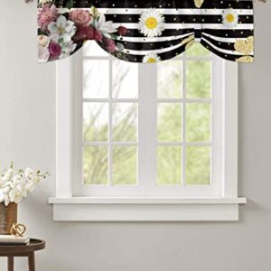 Tie Up Valance Curtains Blooming Flowers Gold Butterfly Gardon Kitchen Cafe Valances for Windows,Rod Pocket Adjustable Balloon Window Shades for Living Room Bathroom Black White Stripe,1 Panel