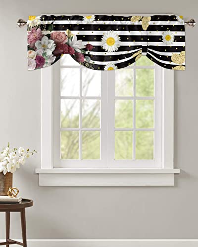 Tie Up Valance Curtains Blooming Flowers Gold Butterfly Gardon Kitchen Cafe Valances for Windows,Rod Pocket Adjustable Balloon Window Shades for Living Room Bathroom Black White Stripe,1 Panel