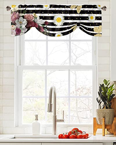 Tie Up Valance Curtains Blooming Flowers Gold Butterfly Gardon Kitchen Cafe Valances for Windows,Rod Pocket Adjustable Balloon Window Shades for Living Room Bathroom Black White Stripe,1 Panel