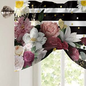 Tie Up Valance Curtains Blooming Flowers Gold Butterfly Gardon Kitchen Cafe Valances for Windows,Rod Pocket Adjustable Balloon Window Shades for Living Room Bathroom Black White Stripe,1 Panel