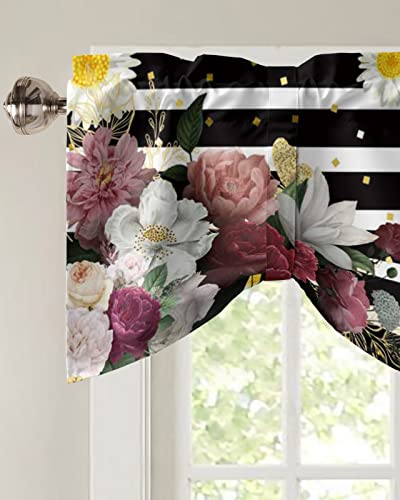 Tie Up Valance Curtains Blooming Flowers Gold Butterfly Gardon Kitchen Cafe Valances for Windows,Rod Pocket Adjustable Balloon Window Shades for Living Room Bathroom Black White Stripe,1 Panel