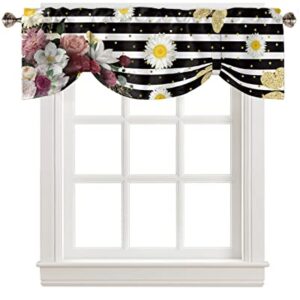 Tie Up Valance Curtains Blooming Flowers Gold Butterfly Gardon Kitchen Cafe Valances for Windows,Rod Pocket Adjustable Balloon Window Shades for Living Room Bathroom Black White Stripe,1 Panel