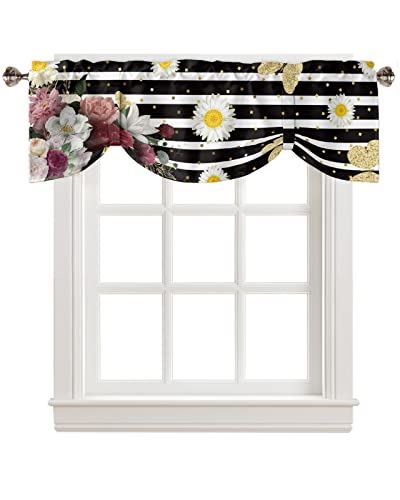 Tie Up Valance Curtains Blooming Flowers Gold Butterfly Gardon Kitchen Cafe Valances for Windows,Rod Pocket Adjustable Balloon Window Shades for Living Room Bathroom Black White Stripe,1 Panel