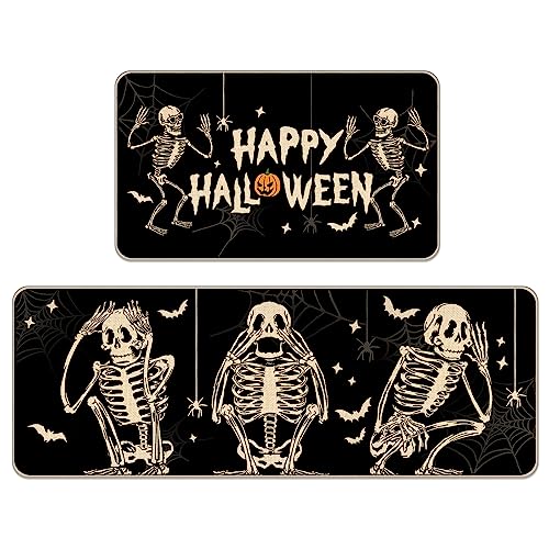 Tailus Happy Halloween Kitchen Rugs Set of 2, Skeleton Skull Spooky Bone Bat Spider Web Black Kitchen Mats Decor, Funny Holiday Floor Door Mat Party Home Decorations - 17x29 and 17x47 Inch