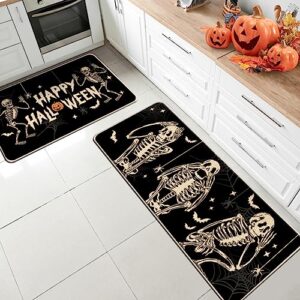 Tailus Happy Halloween Kitchen Rugs Set of 2, Skeleton Skull Spooky Bone Bat Spider Web Black Kitchen Mats Decor, Funny Holiday Floor Door Mat Party Home Decorations - 17x29 and 17x47 Inch