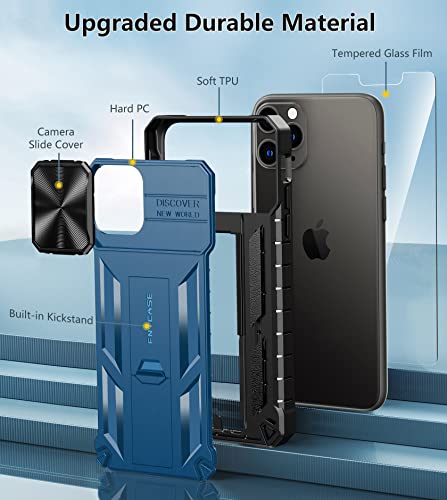 FNTCASE for iPhone 11 Pro-Max Case: Military Grade Drop & Shock Protection Cell Phone Cover with Kickstand & Slide | Rugged Protective Bumper Textured | Heavy Duty Protector(Blue)