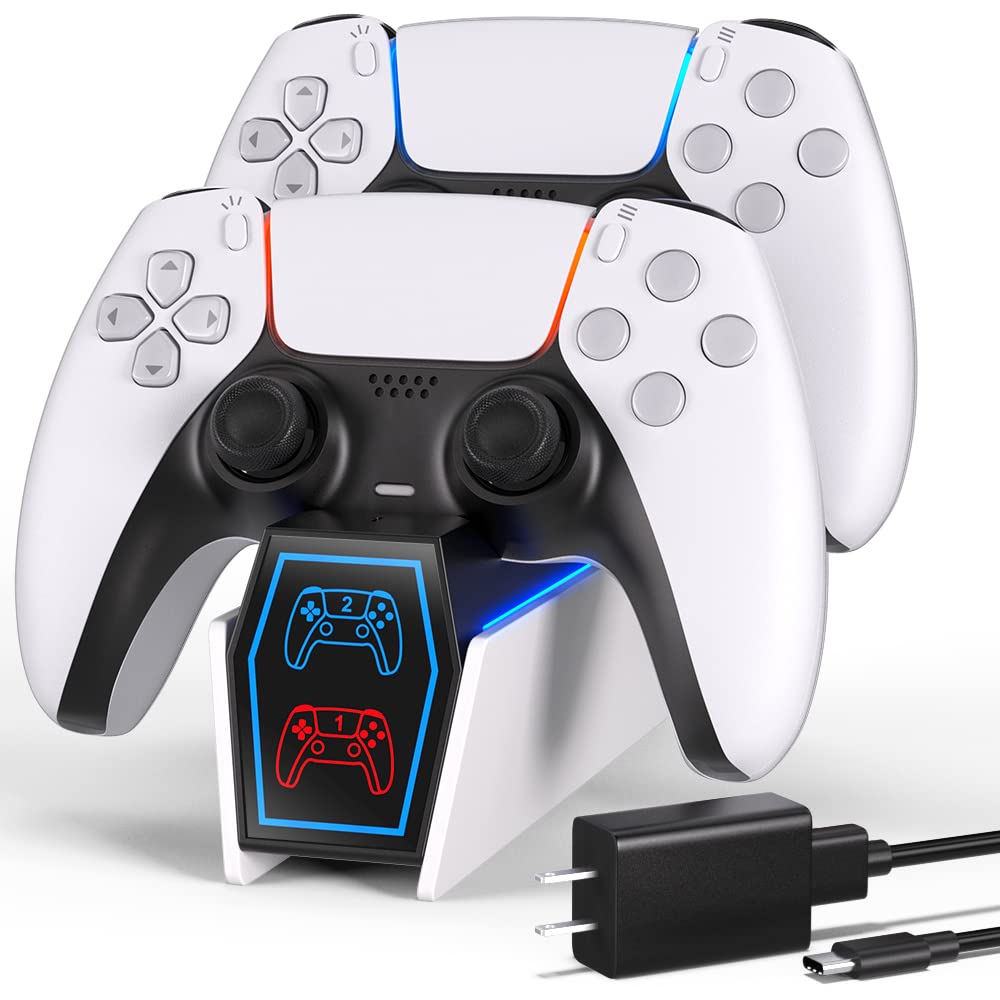 Uxeunrps PS5 Controller Charger Station, PS5 Controller Charger Comes with a Quick Charging AC Adapter of 5V/3A, Designed for Playstation 5 Dual Controller Charging Dock,Anti-Slip,Anti-Dumping(White)