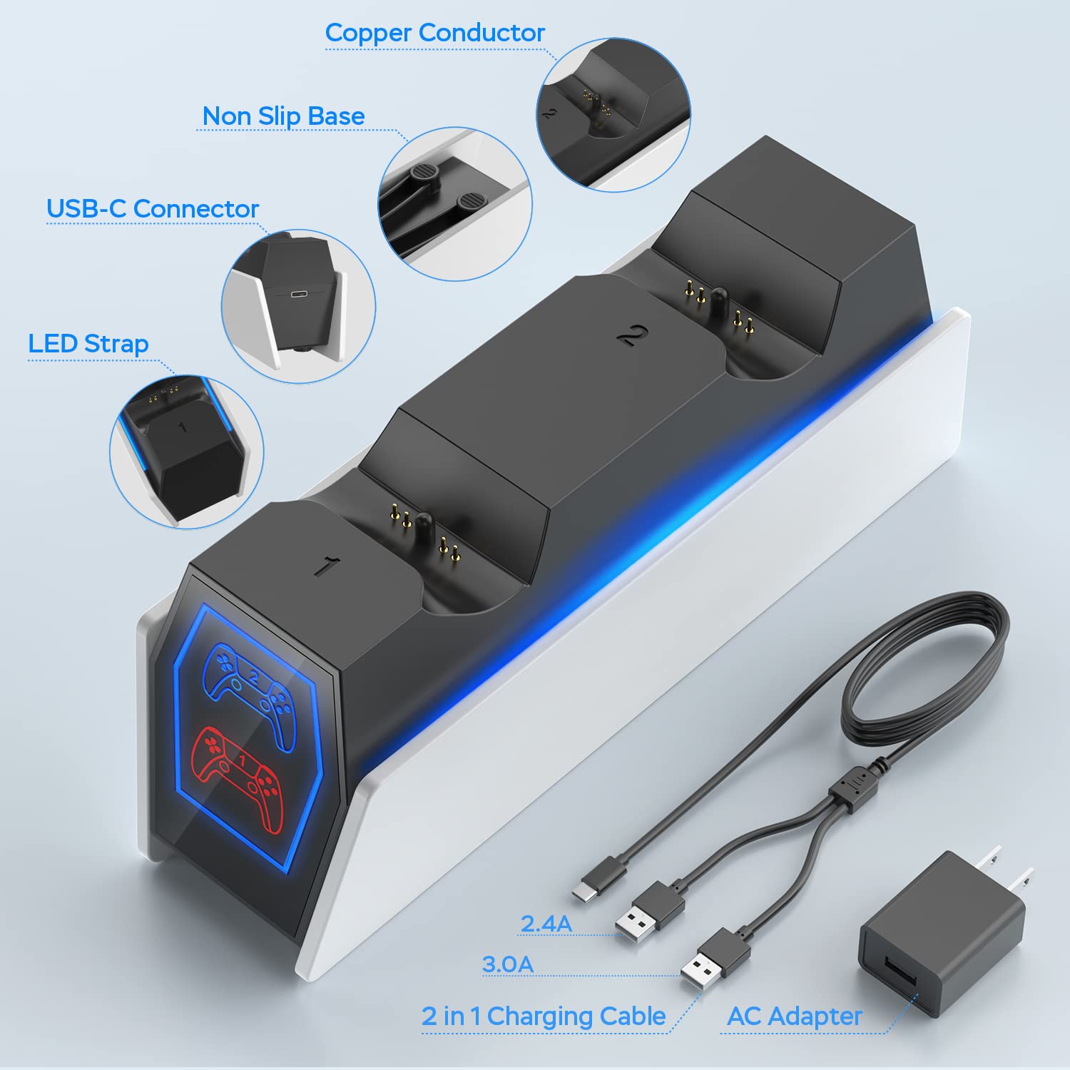 Uxeunrps PS5 Controller Charger Station, PS5 Controller Charger Comes with a Quick Charging AC Adapter of 5V/3A, Designed for Playstation 5 Dual Controller Charging Dock,Anti-Slip,Anti-Dumping(White)