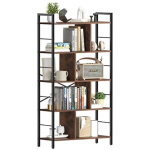 yoobure 5 tier tall book shelf, industrial bookshelf storage bookcase, open wood book case, rustic 5 shelf display shelf for living room, modern standing book shelf for bedroom, home office, kitchen