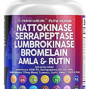 Nattokinase 4000 FU Serrapeptase 120000 SPU Lumbrokinase Enzyme Supplement with Bromelain Papain Papaya Enzymes Rutin Extract Amla Magnesium Vitamin B6 & VIT C Capsules Pineapple Pills Made in USA