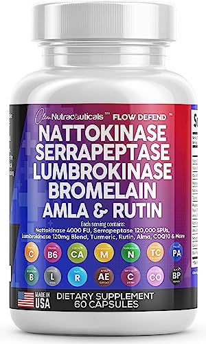 Nattokinase 4000 FU Serrapeptase 120000 SPU Lumbrokinase Enzyme Supplement with Bromelain Papain Papaya Enzymes Rutin Extract Amla Magnesium Vitamin B6 & VIT C Capsules Pineapple Pills Made in USA