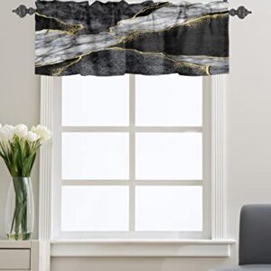 Kitchen Cafe Valance Curtain for Small Windows,Black White Marble with Gold Stripe Rod Pocket Short Blackout Curtains,Abstract Stone Agate Texture Window Treatment for Living Room Bedroom Bathroom