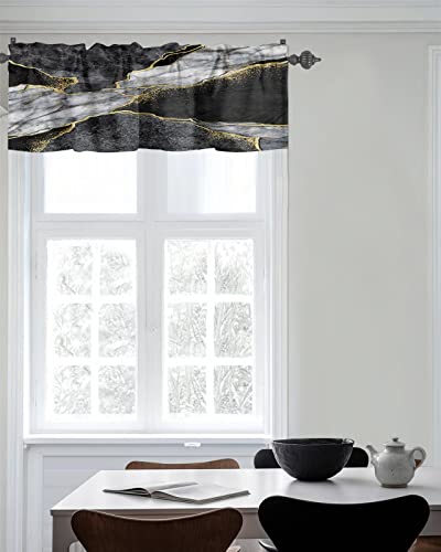 Kitchen Cafe Valance Curtain for Small Windows,Black White Marble with Gold Stripe Rod Pocket Short Blackout Curtains,Abstract Stone Agate Texture Window Treatment for Living Room Bedroom Bathroom