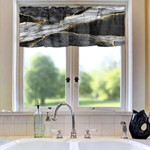 Kitchen Cafe Valance Curtain for Small Windows,Black White Marble with Gold Stripe Rod Pocket Short Blackout Curtains,Abstract Stone Agate Texture Window Treatment for Living Room Bedroom Bathroom