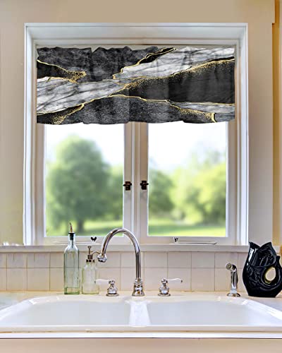 Kitchen Cafe Valance Curtain for Small Windows,Black White Marble with Gold Stripe Rod Pocket Short Blackout Curtains,Abstract Stone Agate Texture Window Treatment for Living Room Bedroom Bathroom