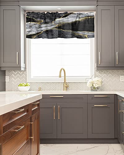 Kitchen Cafe Valance Curtain for Small Windows,Black White Marble with Gold Stripe Rod Pocket Short Blackout Curtains,Abstract Stone Agate Texture Window Treatment for Living Room Bedroom Bathroom