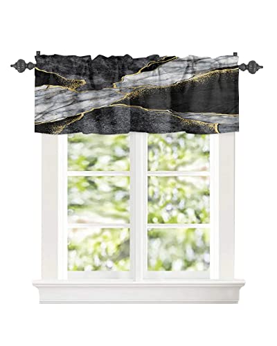 Kitchen Cafe Valance Curtain for Small Windows,Black White Marble with Gold Stripe Rod Pocket Short Blackout Curtains,Abstract Stone Agate Texture Window Treatment for Living Room Bedroom Bathroom