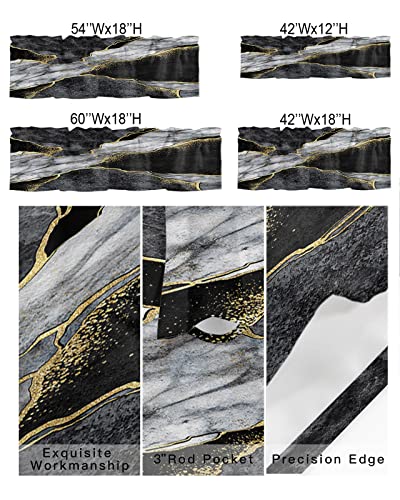 Kitchen Cafe Valance Curtain for Small Windows,Black White Marble with Gold Stripe Rod Pocket Short Blackout Curtains,Abstract Stone Agate Texture Window Treatment for Living Room Bedroom Bathroom