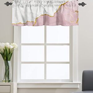 ZFUNCING Kitchen Cafe Valance Curtain for Small Windows,Natural White and Pink Wild Marble Rod Pocket Short Blackout Curtains,Gold Line Stone Texture Window Treatment for Living Room Bedroom Bathroom