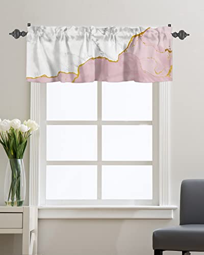 ZFUNCING Kitchen Cafe Valance Curtain for Small Windows,Natural White and Pink Wild Marble Rod Pocket Short Blackout Curtains,Gold Line Stone Texture Window Treatment for Living Room Bedroom Bathroom