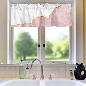 ZFUNCING Kitchen Cafe Valance Curtain for Small Windows,Natural White and Pink Wild Marble Rod Pocket Short Blackout Curtains,Gold Line Stone Texture Window Treatment for Living Room Bedroom Bathroom