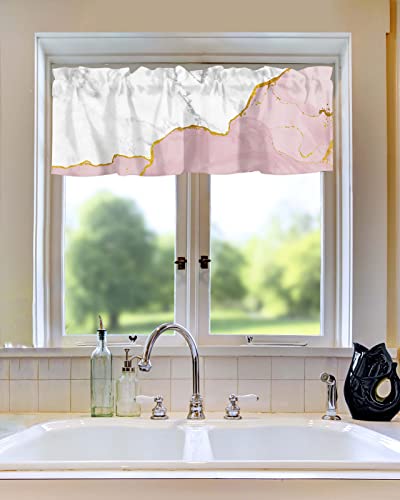 ZFUNCING Kitchen Cafe Valance Curtain for Small Windows,Natural White and Pink Wild Marble Rod Pocket Short Blackout Curtains,Gold Line Stone Texture Window Treatment for Living Room Bedroom Bathroom