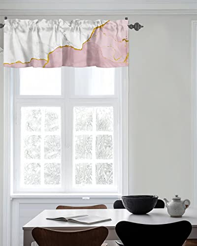 ZFUNCING Kitchen Cafe Valance Curtain for Small Windows,Natural White and Pink Wild Marble Rod Pocket Short Blackout Curtains,Gold Line Stone Texture Window Treatment for Living Room Bedroom Bathroom