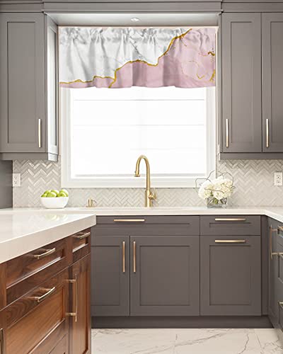 ZFUNCING Kitchen Cafe Valance Curtain for Small Windows,Natural White and Pink Wild Marble Rod Pocket Short Blackout Curtains,Gold Line Stone Texture Window Treatment for Living Room Bedroom Bathroom