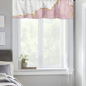 ZFUNCING Kitchen Cafe Valance Curtain for Small Windows,Natural White and Pink Wild Marble Rod Pocket Short Blackout Curtains,Gold Line Stone Texture Window Treatment for Living Room Bedroom Bathroom