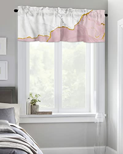 ZFUNCING Kitchen Cafe Valance Curtain for Small Windows,Natural White and Pink Wild Marble Rod Pocket Short Blackout Curtains,Gold Line Stone Texture Window Treatment for Living Room Bedroom Bathroom