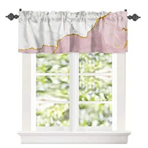 ZFUNCING Kitchen Cafe Valance Curtain for Small Windows,Natural White and Pink Wild Marble Rod Pocket Short Blackout Curtains,Gold Line Stone Texture Window Treatment for Living Room Bedroom Bathroom