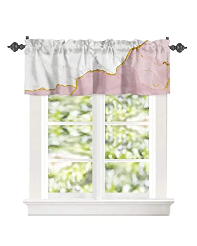 ZFUNCING Kitchen Cafe Valance Curtain for Small Windows,Natural White and Pink Wild Marble Rod Pocket Short Blackout Curtains,Gold Line Stone Texture Window Treatment for Living Room Bedroom Bathroom