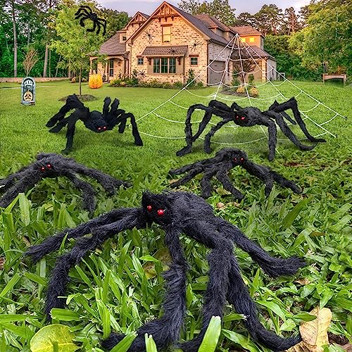 UNGLINGA 8 Large Spiders Halloween Decorations Outdoor Indoor, Fake Spiders Scary Decorations, Black Posable Halloween Spiders for Yard Porch Haunted House Party