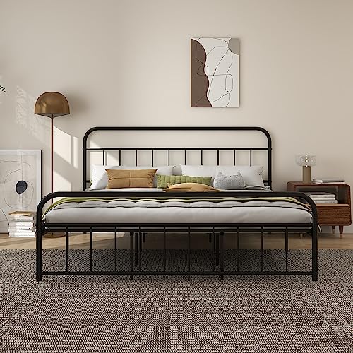 alazyhome King Bed Frame Metal Platform with Vintage Headboard and Footboard Easy Assembly No Box Spring Needed Steel Slat Support Black