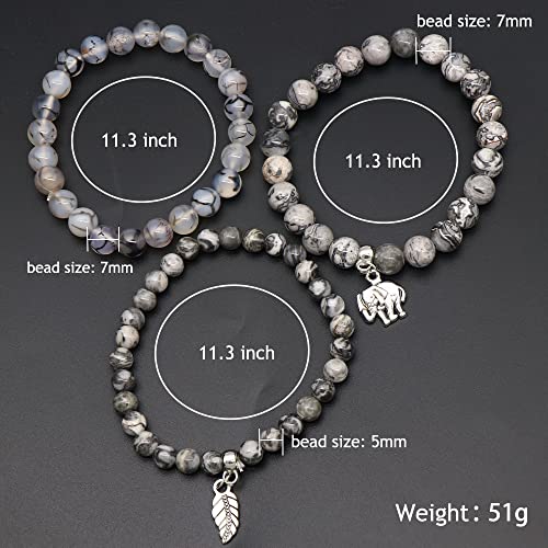 C&L Accessories Chakra Beaded Bracelets For Women Men Teens 3 Pcs Healing Bracelets Natural Gemstone Bead Ball Stretchable Bracelet Set with Elephant Leaf Pendant Charm (Gray/Dragon Vein)