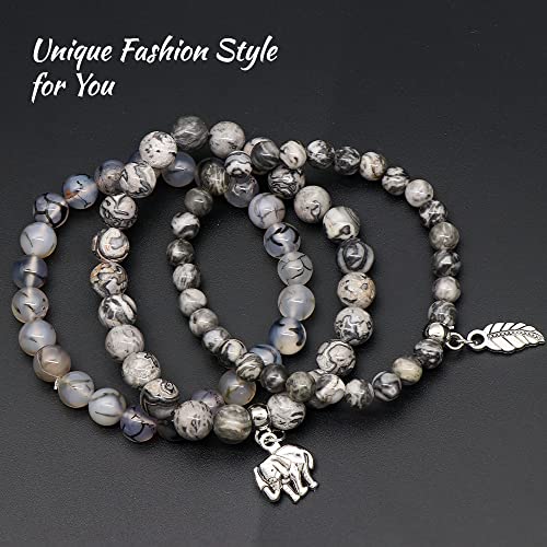 C&L Accessories Chakra Beaded Bracelets For Women Men Teens 3 Pcs Healing Bracelets Natural Gemstone Bead Ball Stretchable Bracelet Set with Elephant Leaf Pendant Charm (Gray/Dragon Vein)