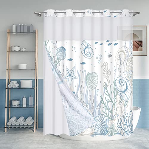 Ikfashoni Nautical Coastal No Hook Shower Curtain with Snap in Liner, Seashell Beach Shower Curtain with Liner, Hotel Shower Curtain, Ocean Themed Shower Curtains for Bathroom Decor, 72" x 72"